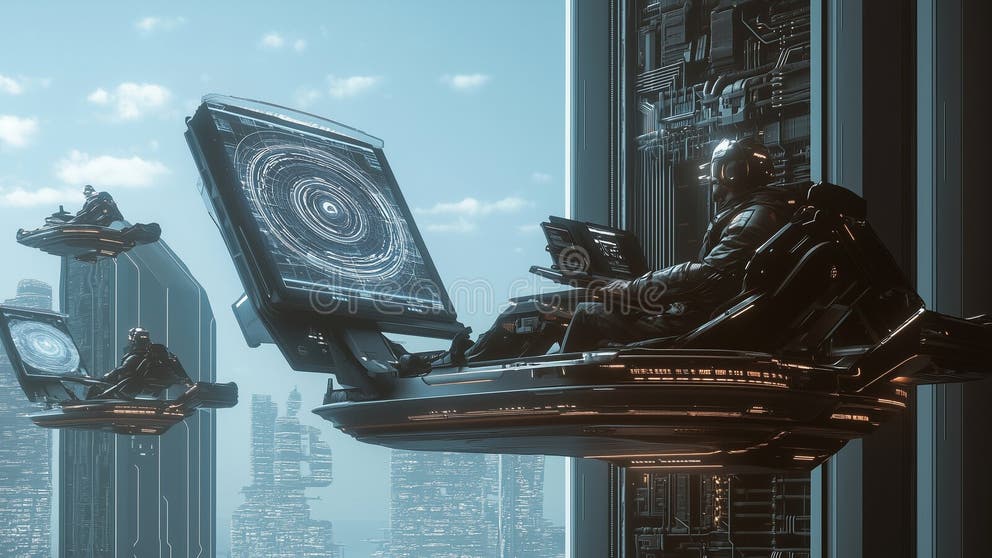 Futuristic Explorers Operating High-tech Floating Workstations Stock ...