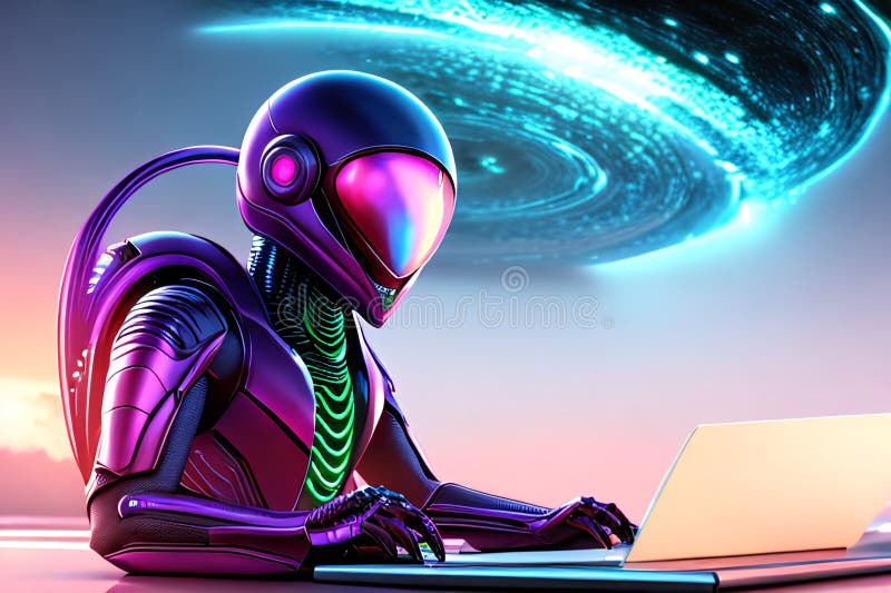 Alien Hacker in a Surreal Landscape with Laptop Stock Illustration ...