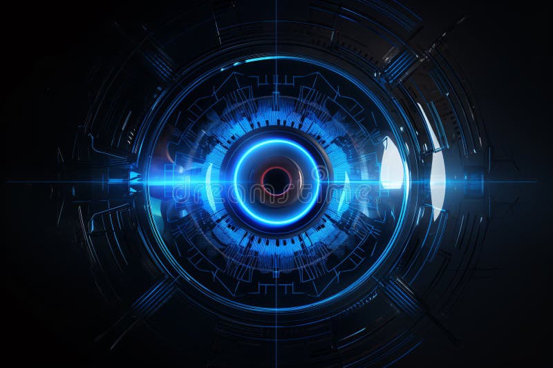 A Futuristic Eye with a Glowing Blue Lens on a Black Background Stock ...