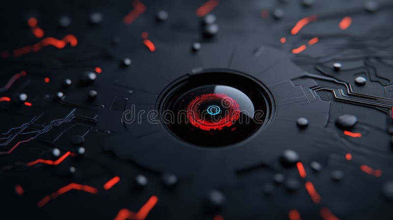 Futuristic Eye Lens with Circuit Patterns and Droplets on Dark Surface ...