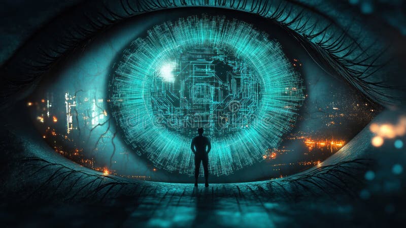 Futuristic Eye Scanner with Digital Data Network. Man Observes Tech ...