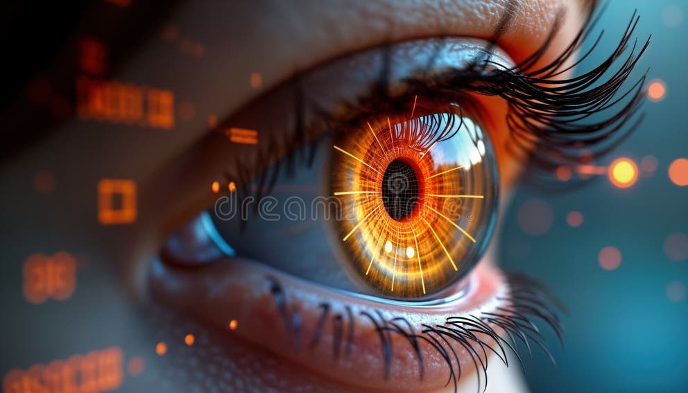 Futuristic Eye Scanner Visualizes Digital Data Network. Iris Reflects ...