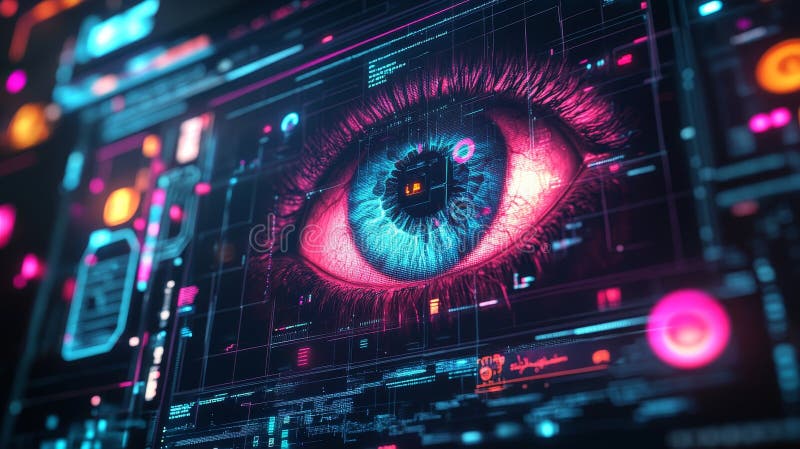 Futuristic Eye Scanning Interface in a Vibrant Holographic Data Display ...