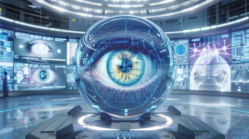 Futuristic Eye in Sphere, Dark Room with Screens Stock Illustration ...