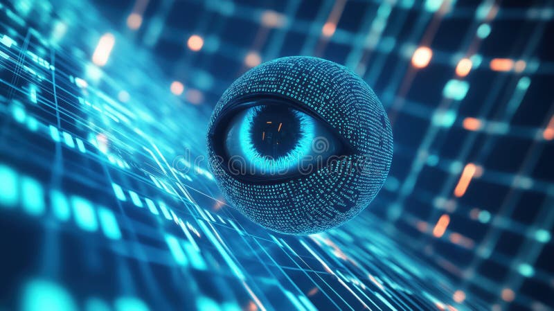 Futuristic Eye Symbol Floats Over Digital Grid. Tech Eye Network Concept. Data Processing ...