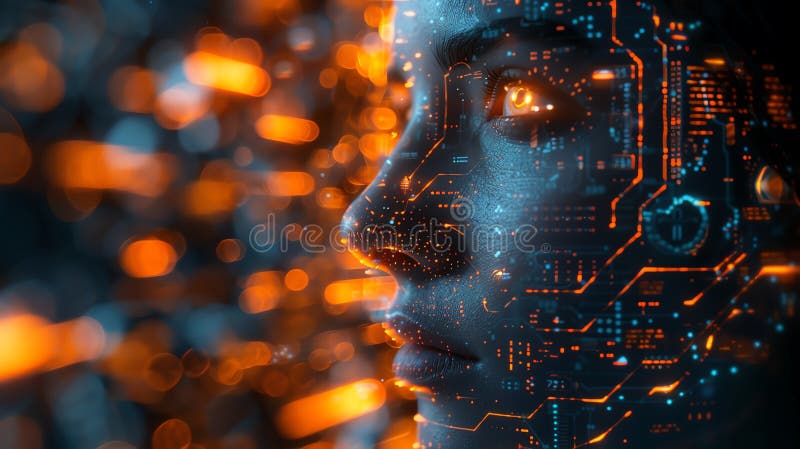 Futuristic Face with Digital Circuit Technology, Depicting AI, Machine ...