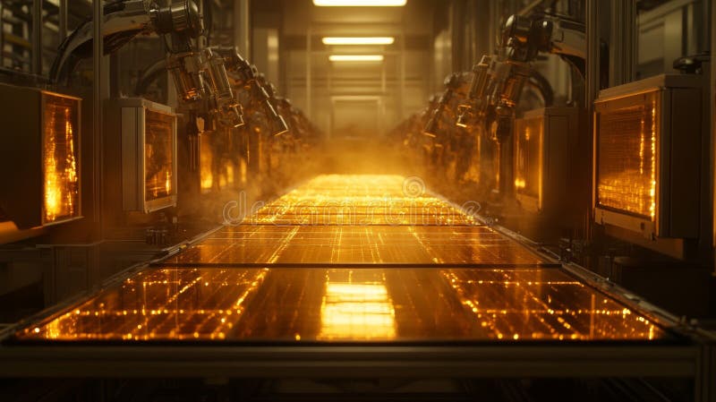 Futuristic Factory Assembly Line with Golden Glow Stock Illustration ...