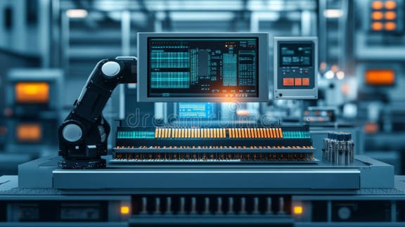 Futuristic Factory Automation with Robotic Arm and Control Panel Stock ...