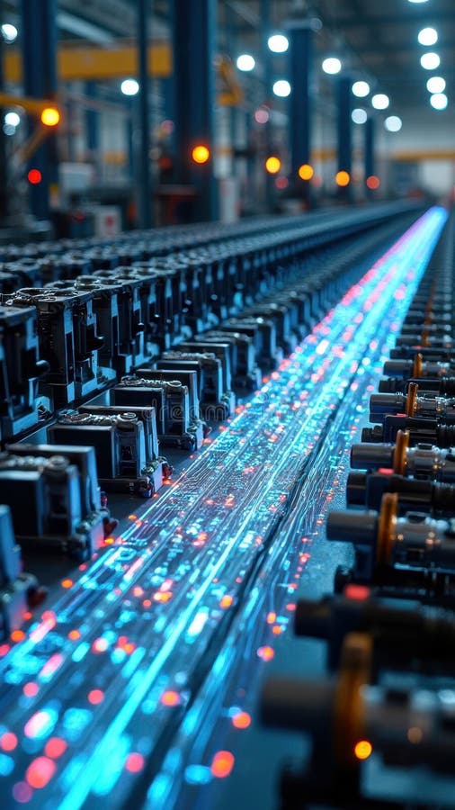 Futuristic Factory Conveyor Belt with Glowing Led Lights in Industrial ...