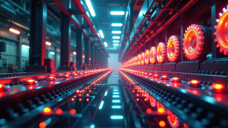 Futuristic Factory Conveyor Belt with Red Lights. Stock Illustration ...