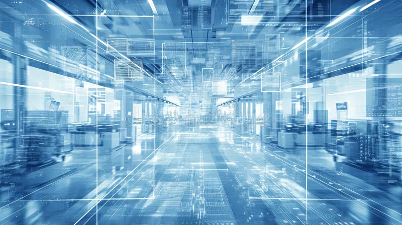 Futuristic Factory with Digital Interface and Blurred Motion Effect ...