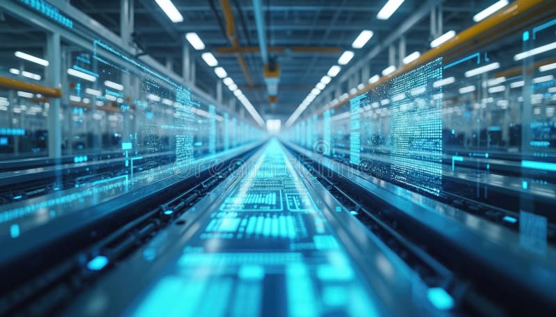 Futuristic Factory Floor with Holographic Interfaces, Advanced Manufacturing. Blue Digital Data ...