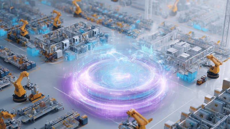 Futuristic Factory Floor with Robotic Arms and Data Visualization ...