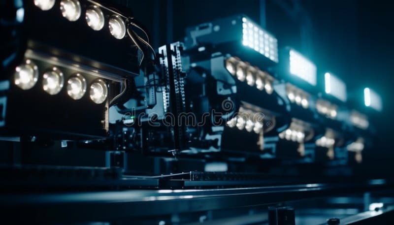 Futuristic Factory Illuminates Blue, Robotic Arm Manufactures Computer ...