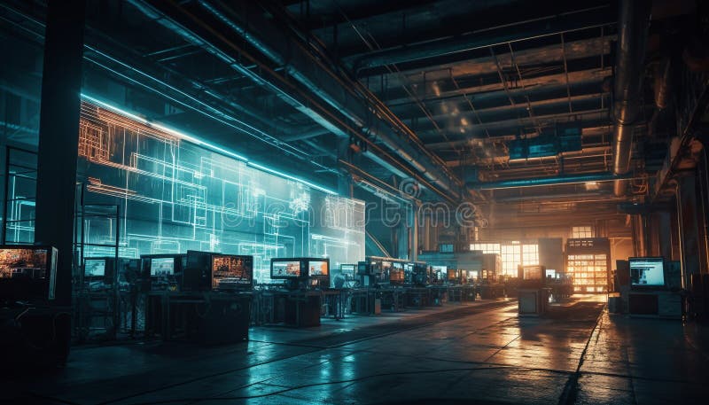 Futuristic Factory Illuminates Night with Modern Machinery and Robotics ...