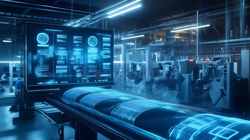 Futuristic Factory Interior with Blue Digital Data Display on Large ...