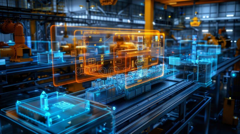 Futuristic Factory Interior with Digital Interface Overlays Showing ...