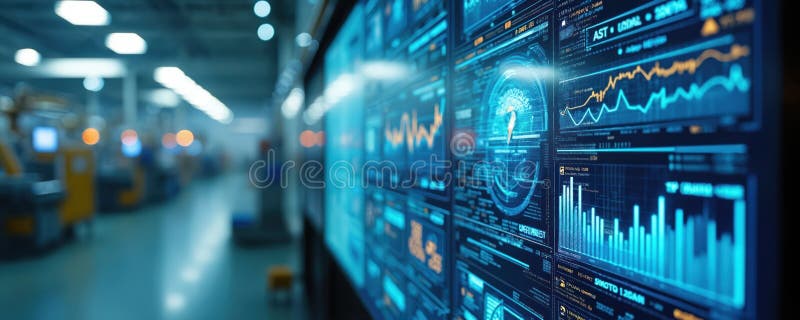 Futuristic Factory Interior. Large Digital Screens Display Data ...