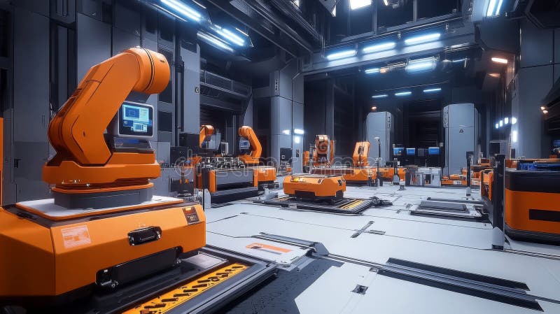 Futuristic Factory Interior with Orange Robots and Gray Metal ...
