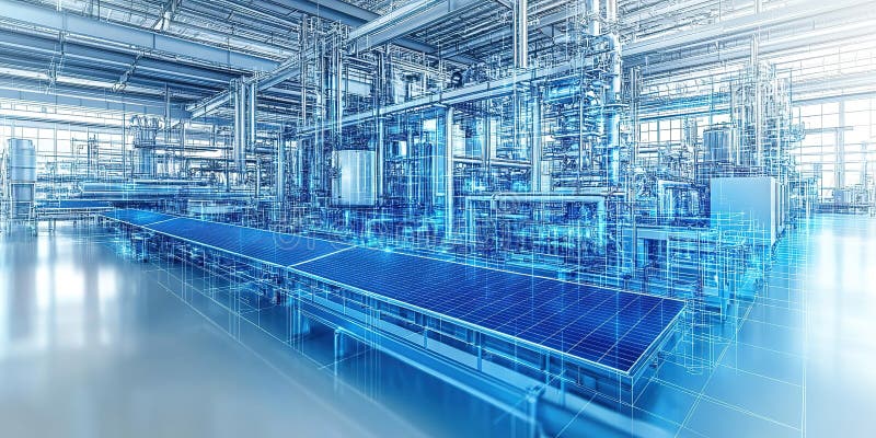 Futuristic Factory Interior Showcasing Advanced Machinery and Solar ...
