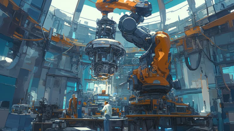 A Futuristic Factory with a Large Robotic Arm Moving a Metal Sphere ...