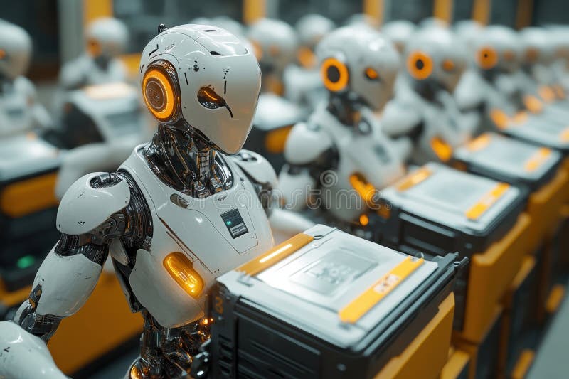 Robots Operate in an Automated Factory Setting with Bright Colors and ...