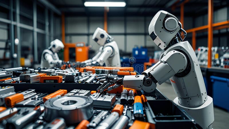 A Recycling Facility with Robotic Arms Disassembling Old Batteries ...