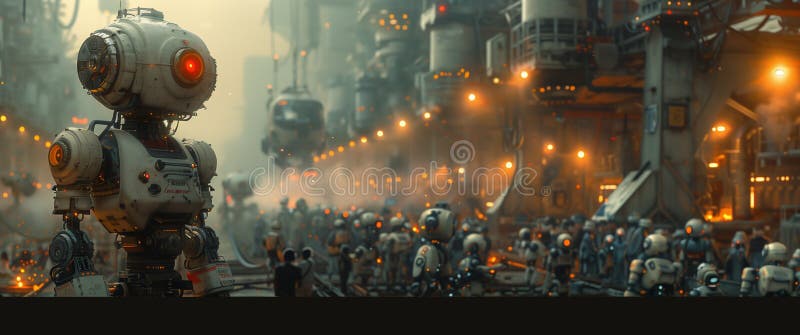 Futuristic Factory Scene with Robots Supervising Operations Stock ...