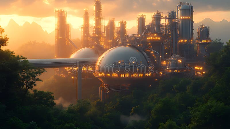 Futuristic Factory Sunset Jungle Landscape Stock Illustration ...