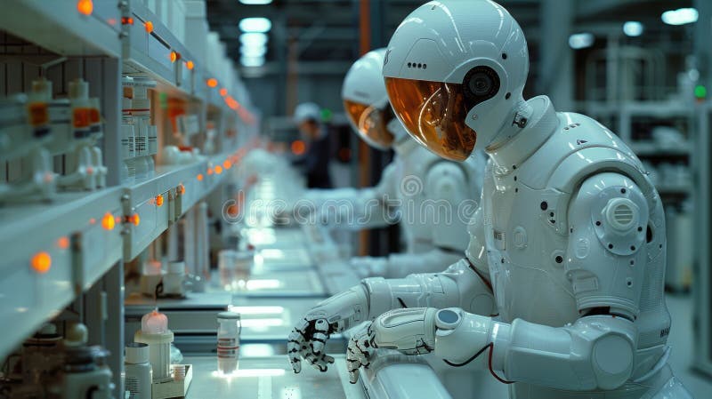 Futuristic Factory Workers Assembling Robots Stock Photo - Image of ...