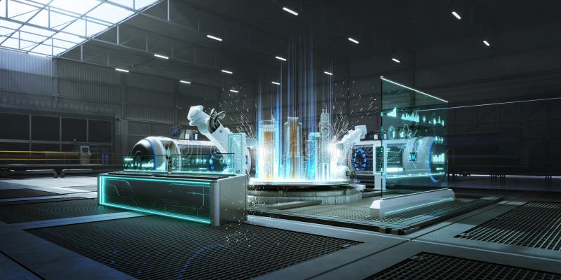 Futuristic Factory or Workshop with Assembly Robot Arms and Virtual ...