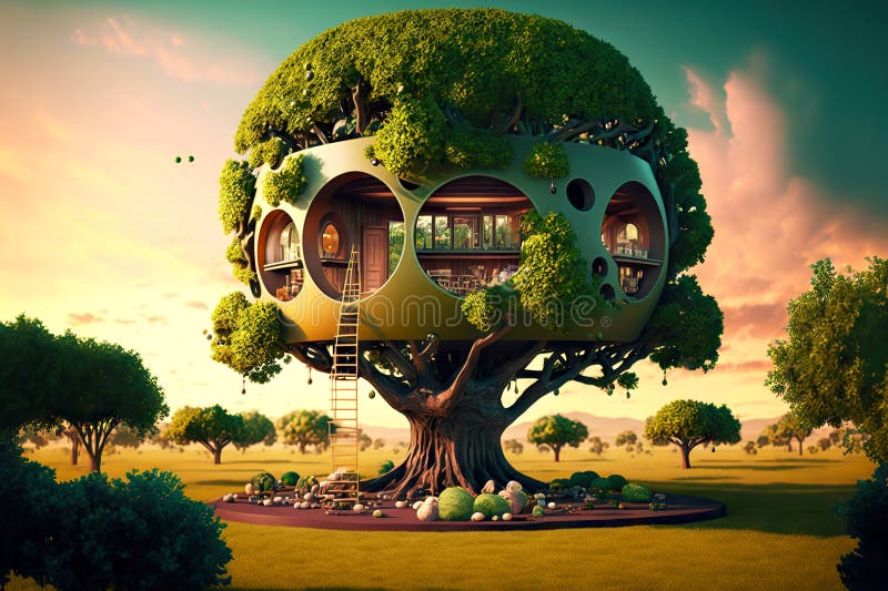 Futuristic Fairytale Tree House with Round Windows and Stairs Stock ...
