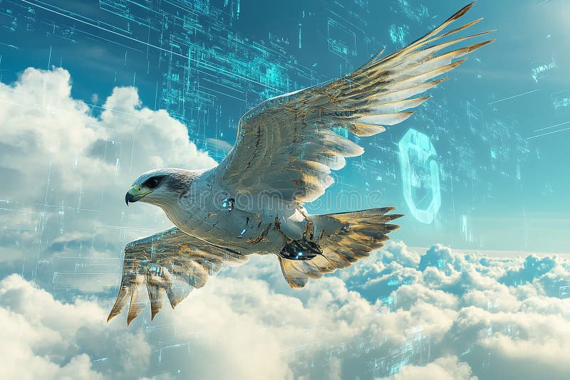 Futuristic Falcon Flying through a Sky of Digital Clouds Stock ...