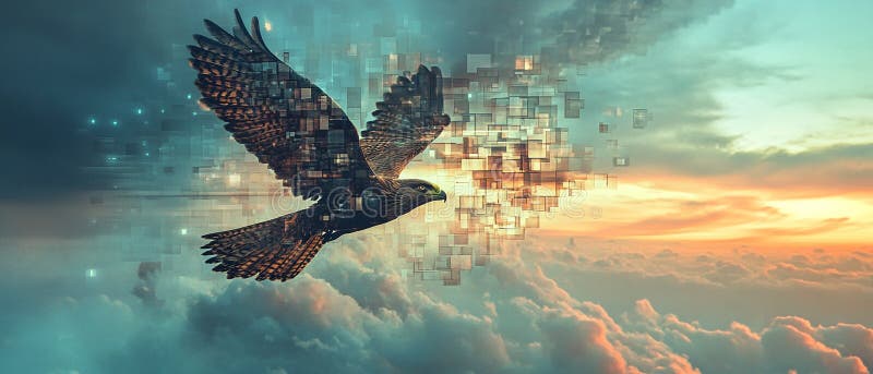 Futuristic Falcon Flying through a Sky of Digital Clouds Stock ...