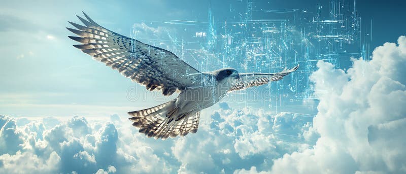 Futuristic Falcon Flying through a Sky of Digital Clouds Stock ...