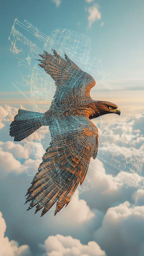 Futuristic Falcon Flying through a Sky of Digital Clouds Stock ...