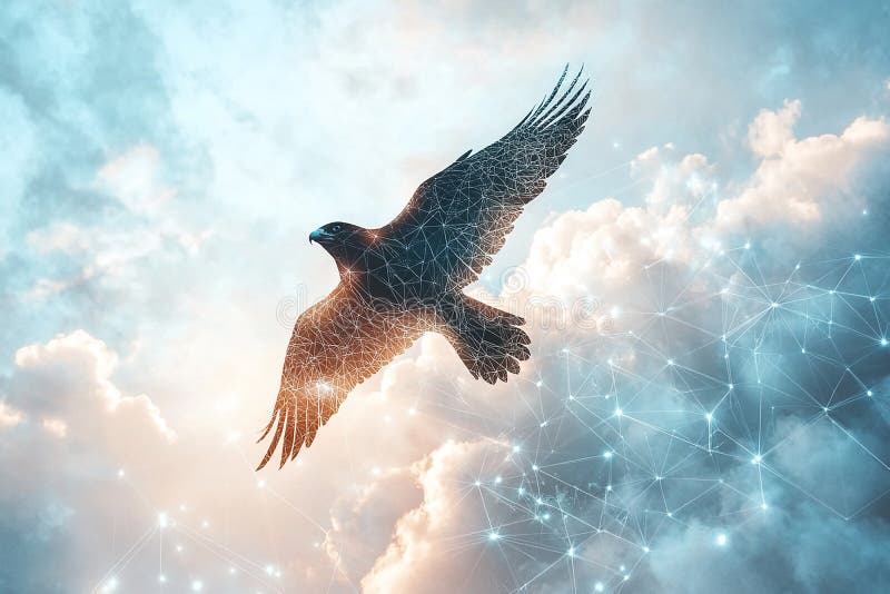 Futuristic Falcon Flying through a Sky of Digital Clouds Stock ...