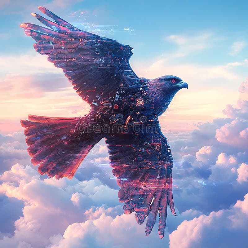 Futuristic Falcon Flying through a Sky of Digital Clouds Stock ...