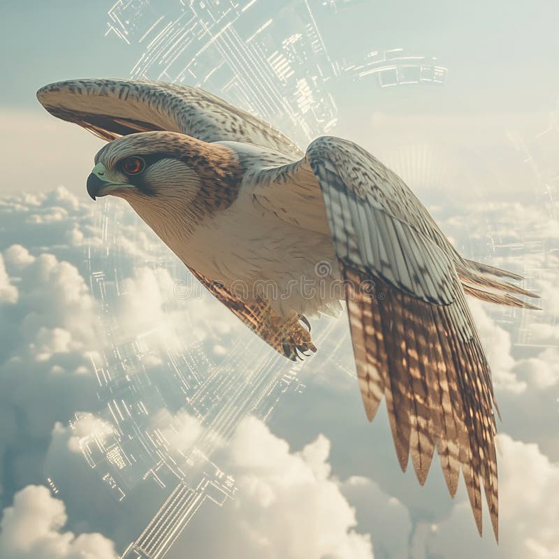 Futuristic Falcon Flying through a Sky of Digital Clouds Stock ...