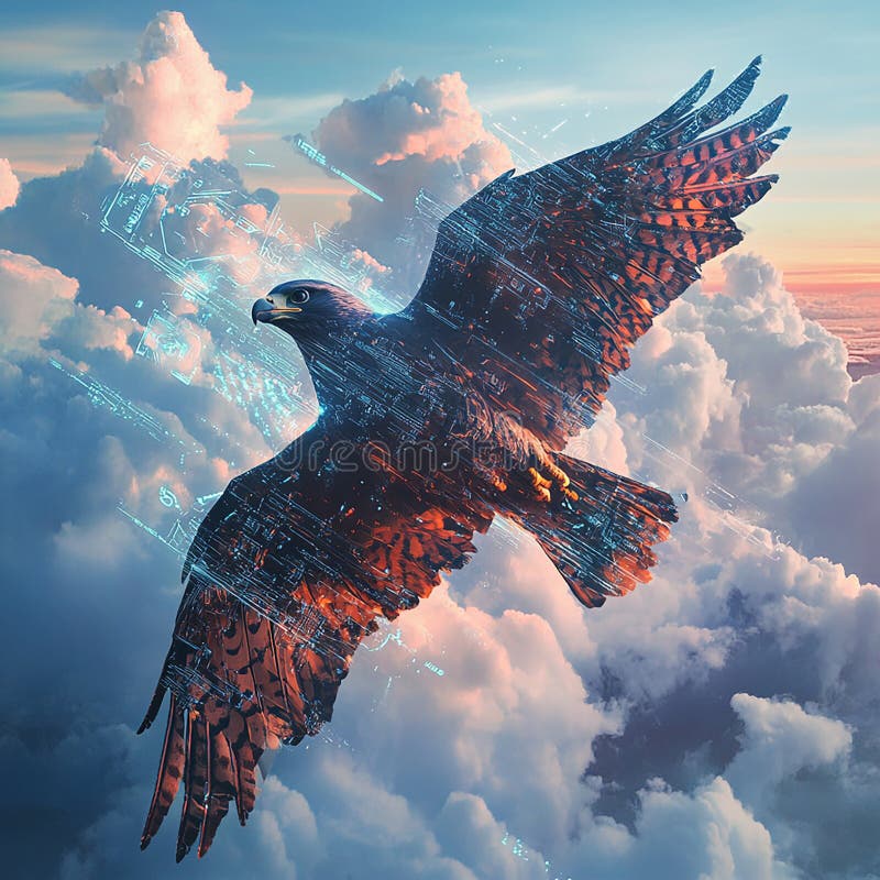 Futuristic Falcon Flying through a Sky of Digital Clouds Stock ...