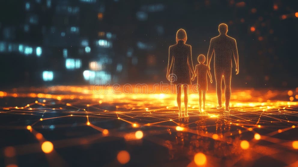 Futuristic Family Figures Connected by Glowing Lines in Digital Space ...