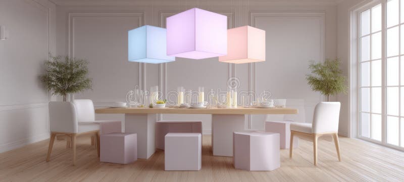 Futuristic Family Meal Table with Colorcoded Cubes and Soft Lighting in ...