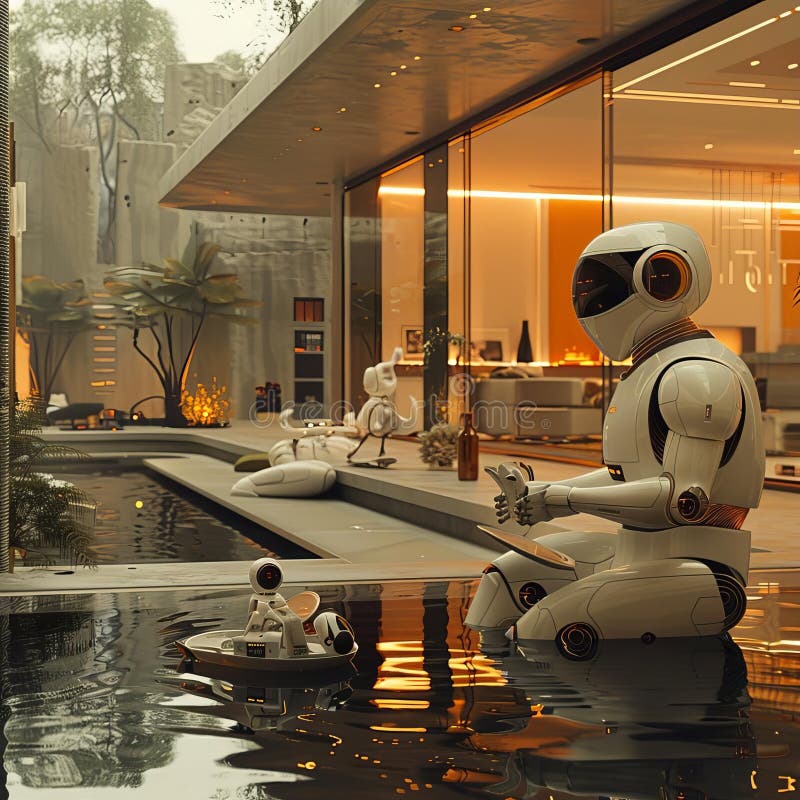 A Futuristic Family of Robots Relaxes by the Pool in a Modern Home with ... A Futuristic Family of Robots Relaxes by the Pool in a Modern Home with ...