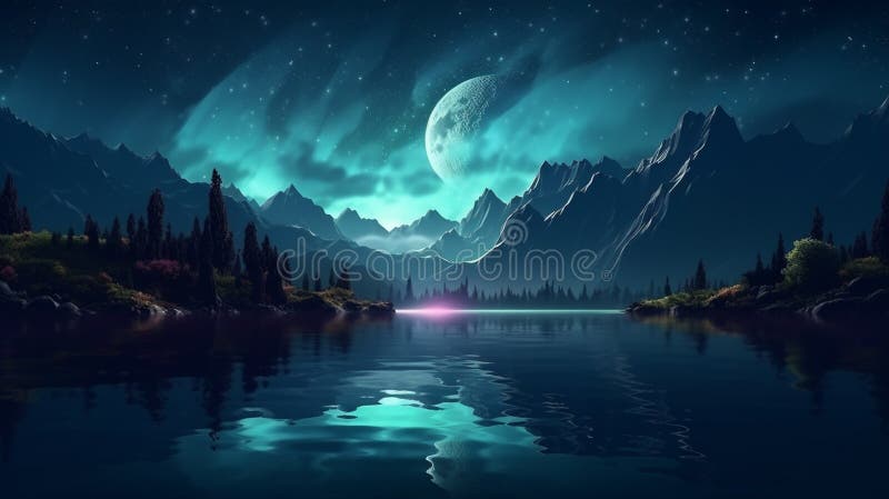 Futuristic Fantasy Landscape. Dark Natural Scene with Light Reflection ...
