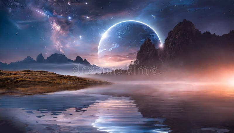 Futuristic Fantasy Landscape, Sci- Landscape with Planet, Neon Light ...