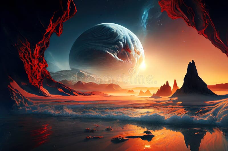 Futuristic Fantasy Sci-fi Landscape of Unknown Alien Planet with the Moon Made with Generative ...