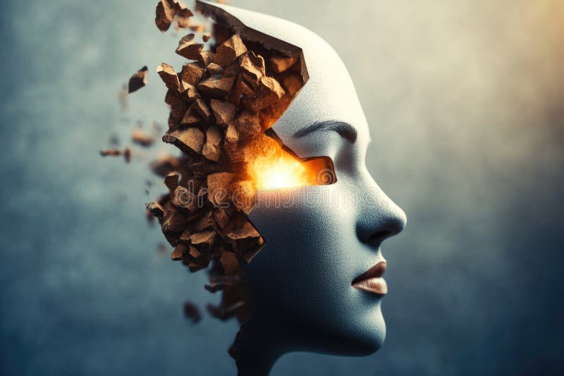 Futuristic Female Android with Crumbling Face and Glowing Interior ...