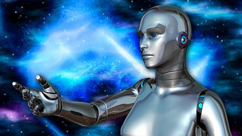 Futuristic Female Android in Deep Space Holding Human Skull Stock ...