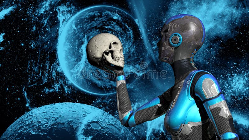 Futuristic Female Android in Deep Space Holding Human Skull Stock ...