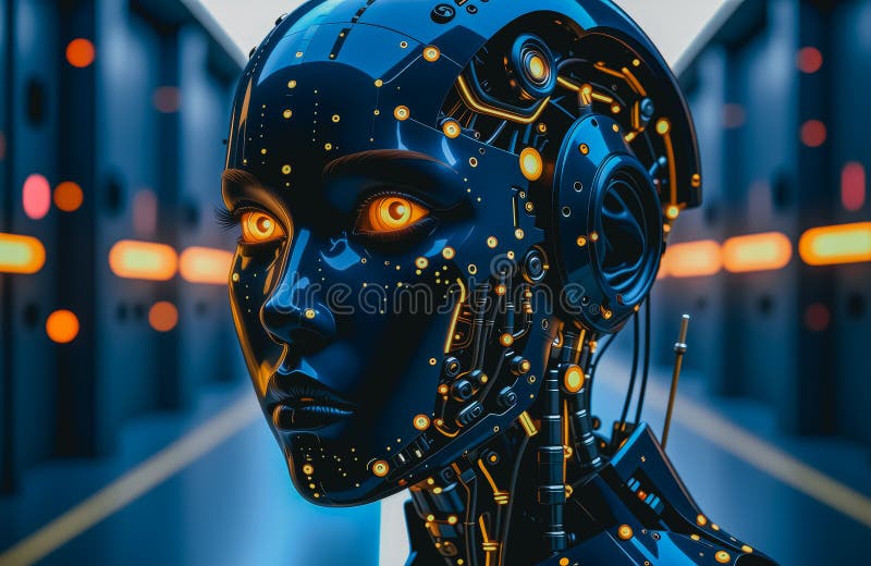 Futuristic Female Android with Luminous Eyes in High-tech Corridor. AI ...
